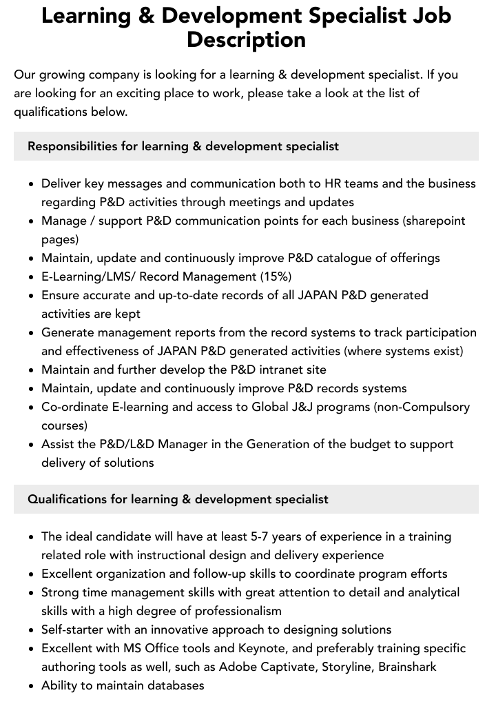 Learning Development Specialist Job Description Velvet Jobs