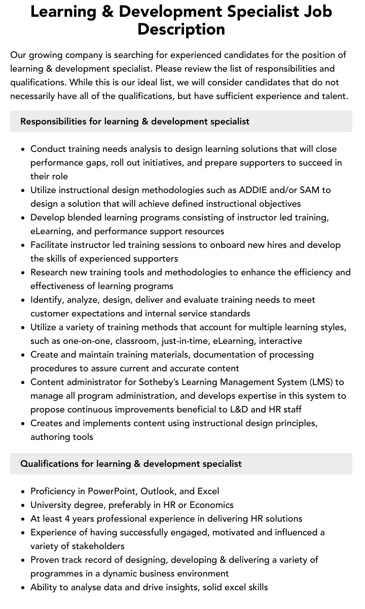 Learning Development Specialist Job Description Velvet Jobs