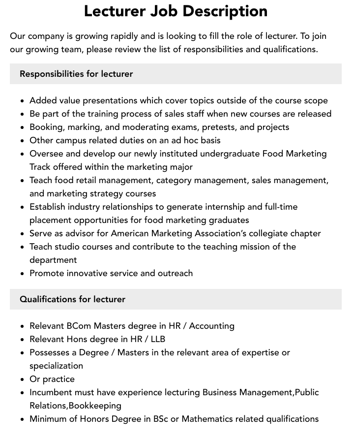 Lecturer Job Description Velvet Jobs