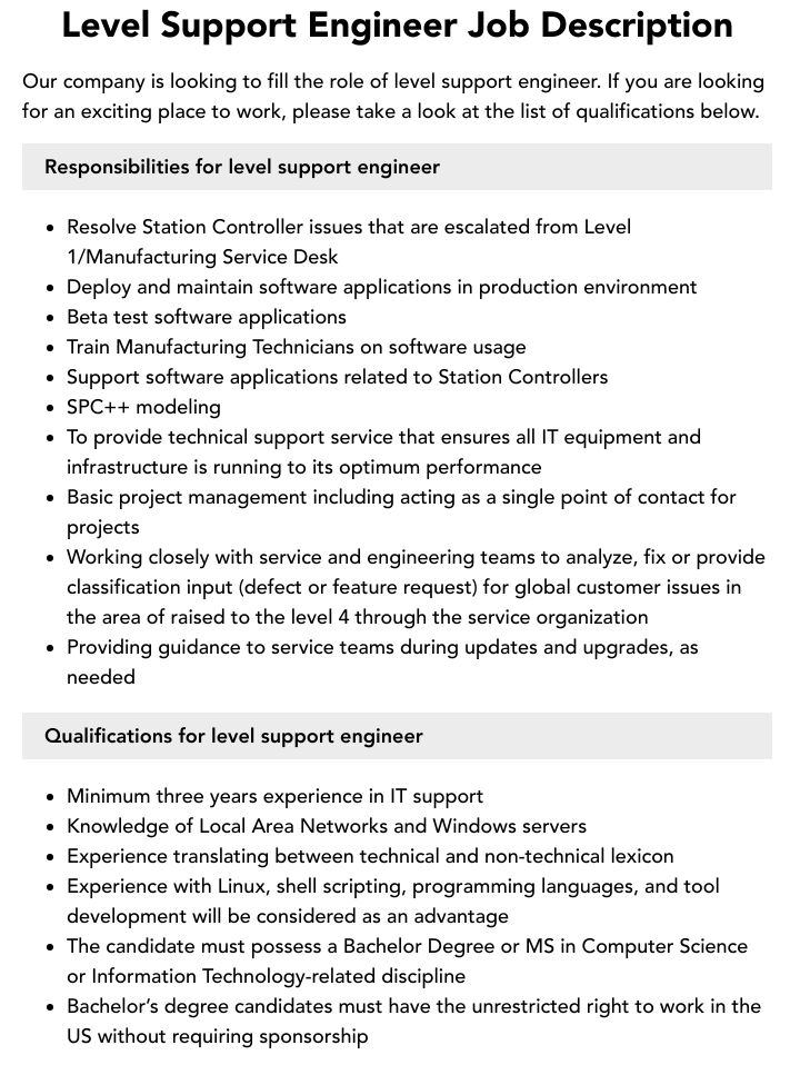 Level Support Engineer Job Description Velvet Jobs