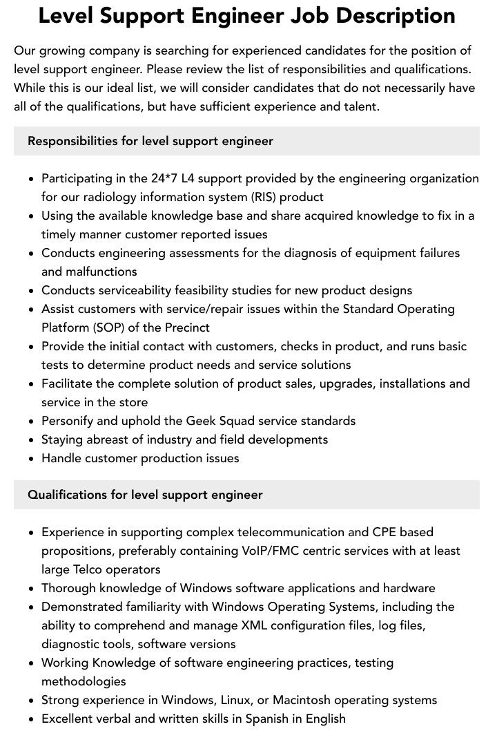 Level Support Engineer Job Description Velvet Jobs Level Support Engineer Job Description Velvet Jobs
