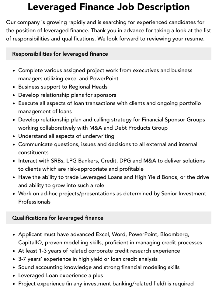 Leveraged Finance Job Description Velvet Jobs Leveraged Finance Job Description Velvet Jobs
