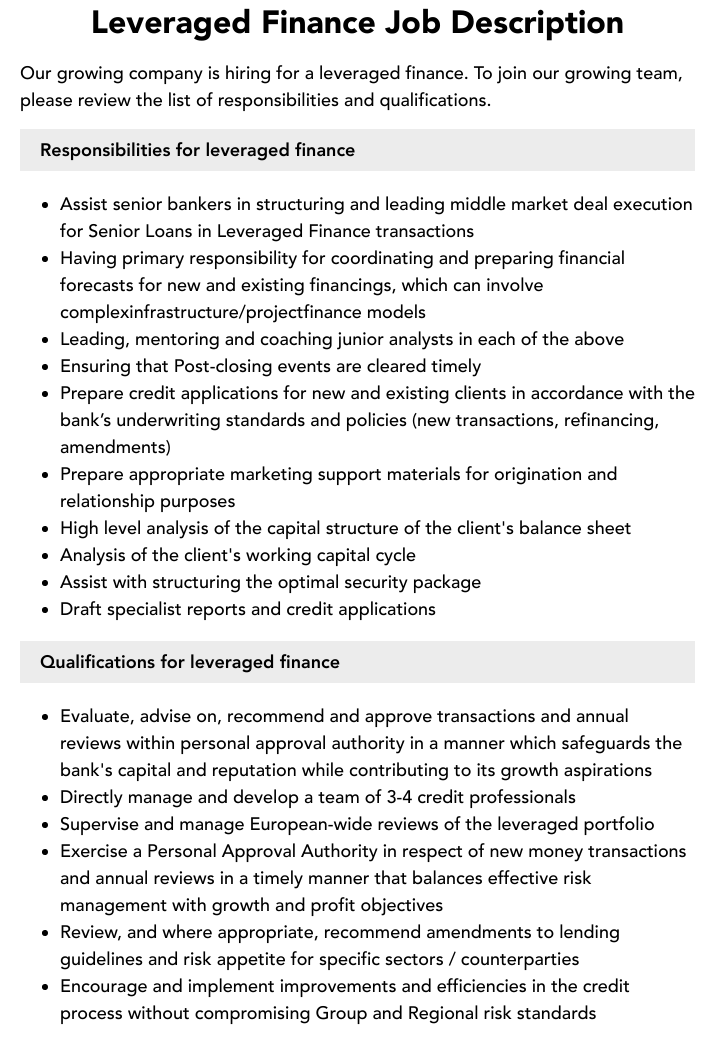 Leveraged Finance Job Description Velvet Jobs Leveraged Finance Job Description Velvet Jobs