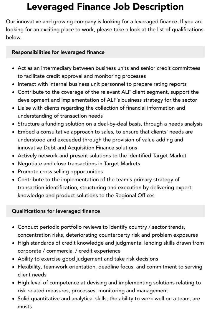 Leveraged Finance Job Description Velvet Jobs Leveraged Finance Job Description Velvet Jobs