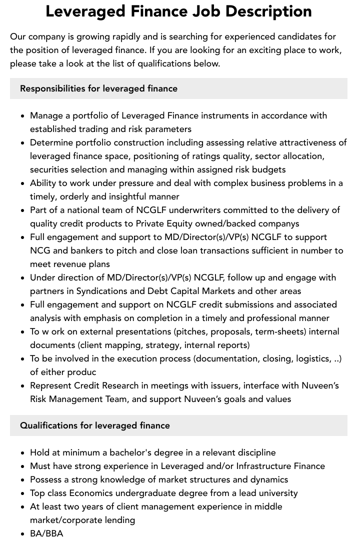 Leveraged Finance Job Description Velvet Jobs Leveraged Finance Job Description Velvet Jobs