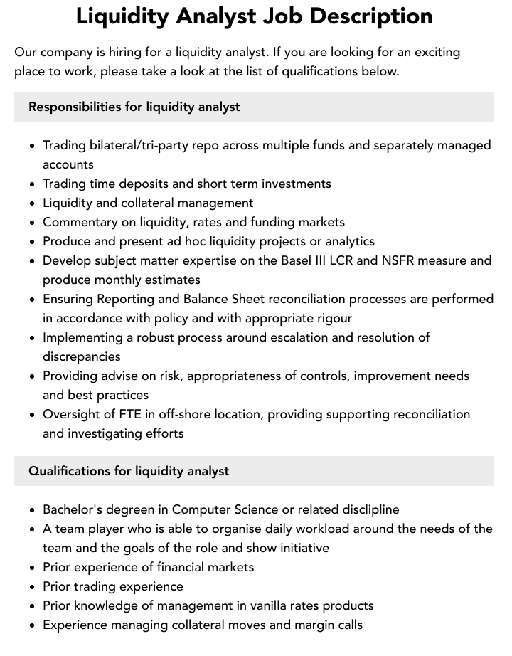 Liquidity Analyst Job Description Velvet Jobs