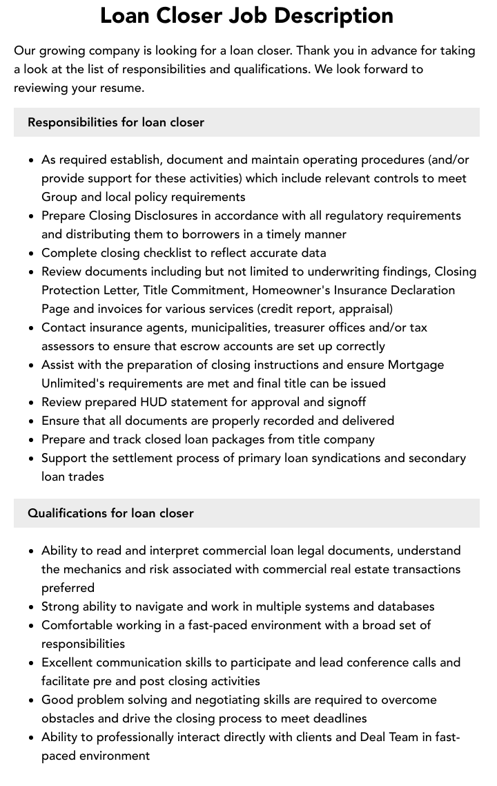 Loan Closer Job Description Velvet Jobs