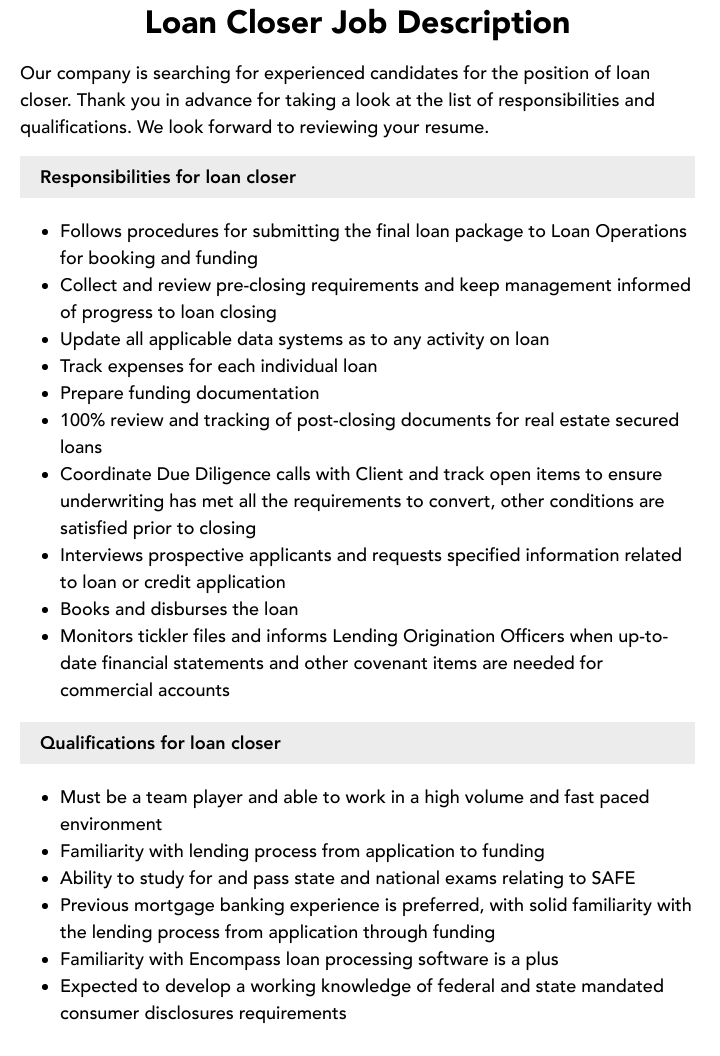 Loan Closer Job Description Velvet Jobs