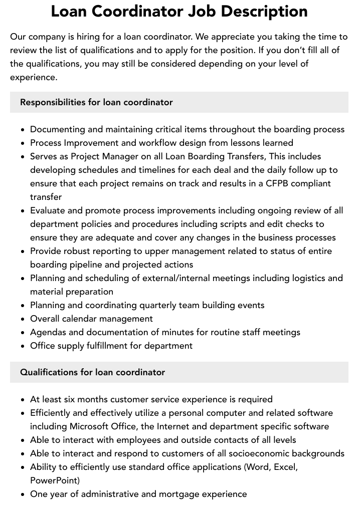 Loan Coordinator Job Description Velvet Jobs Loan Coordinator Job Description Velvet Jobs