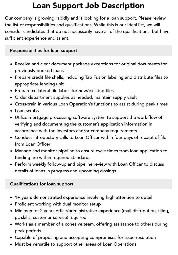Loan Support Job Description Velvet Jobs