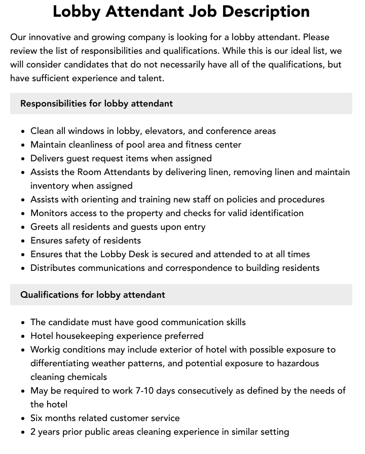Lobby Attendant Job Description Velvet Jobs Lobby Attendant Job Description Velvet Jobs