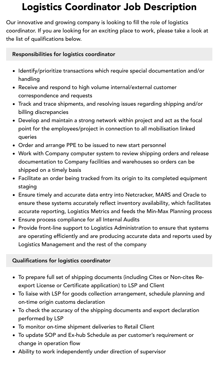 Logistics Coordinator Job Description Velvet Jobs