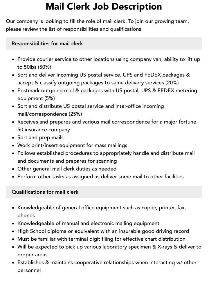 Mail Clerk Job Description Velvet Jobs