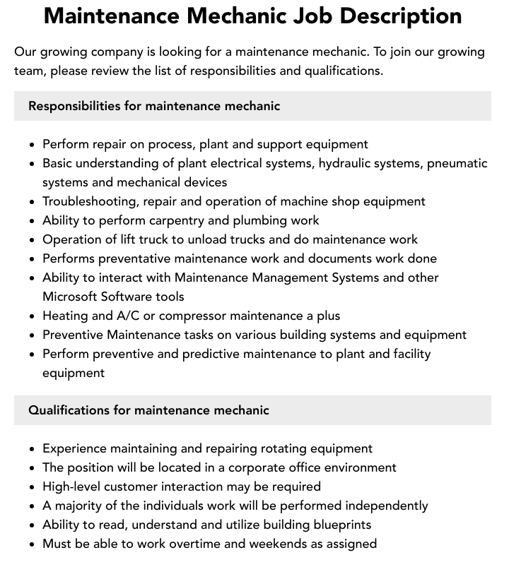 Maintenance Mechanic Job Description Velvet Jobs