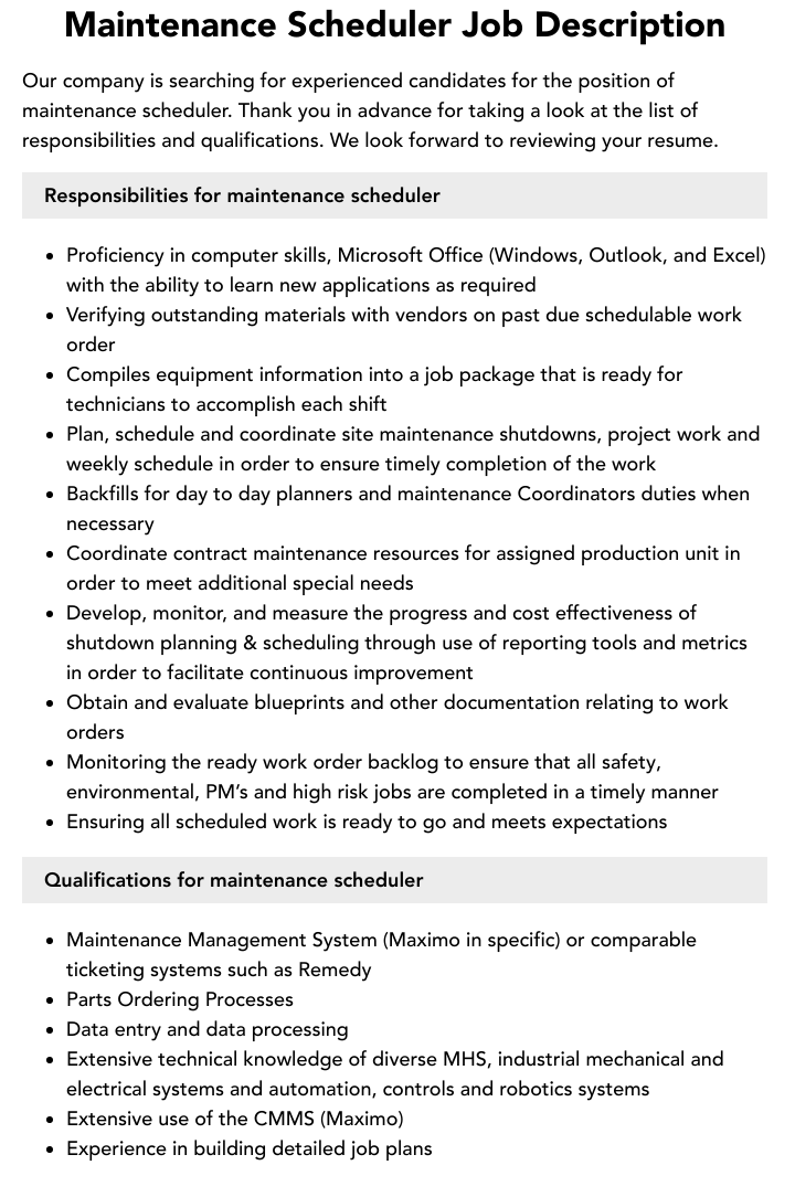 Maintenance Scheduler Job Description Velvet Jobs