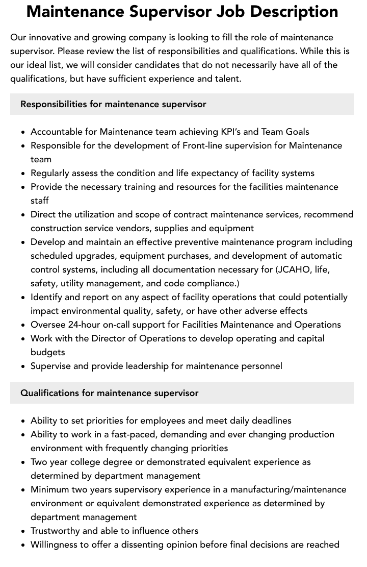 Roles And Responsibilities Of Maintenance Supervisor