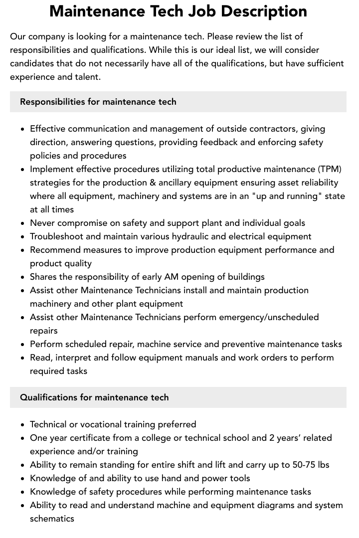 Maintenance Tech Job Description Velvet Jobs