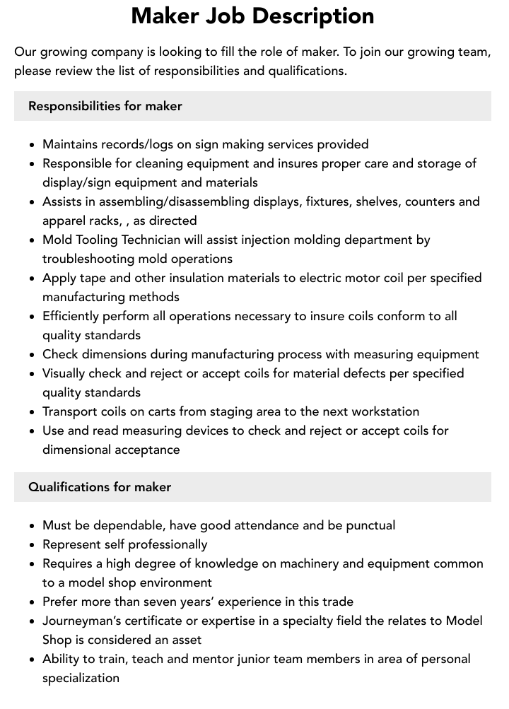Maker Job Description Velvet Jobs