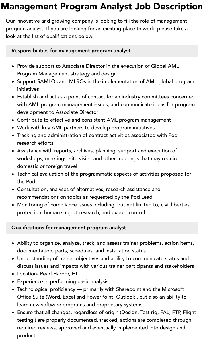 Management Program Analyst Job Description Velvet Jobs Management Program Analyst Job Description Velvet Jobs