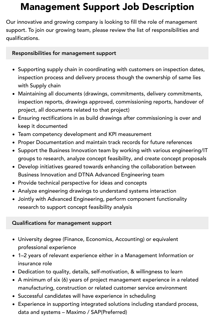 Management Support Job Description Velvet Jobs Management Support Job Description Velvet Jobs