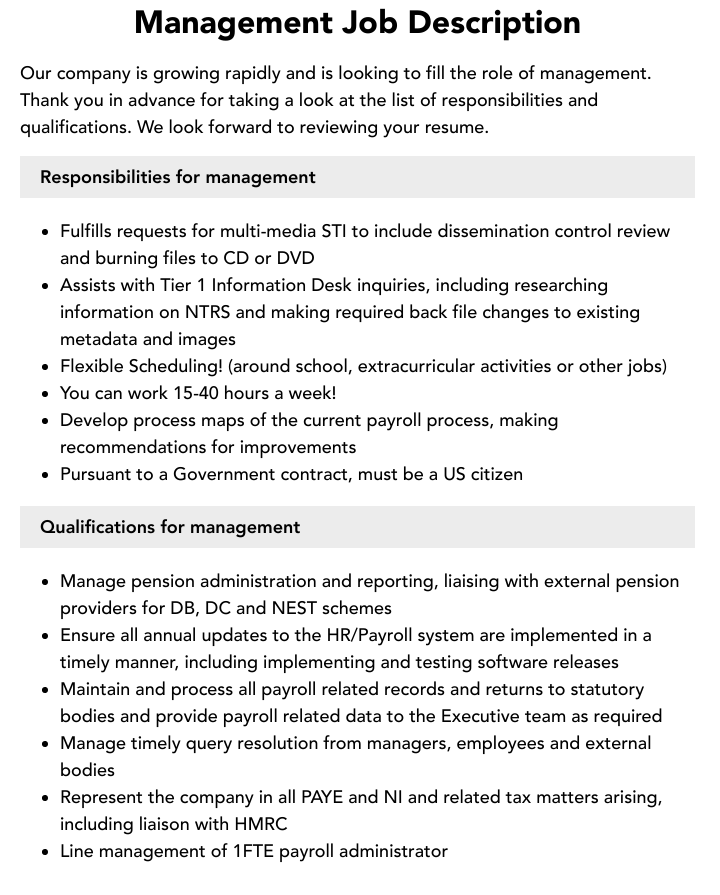 Management Job Description Velvet Jobs