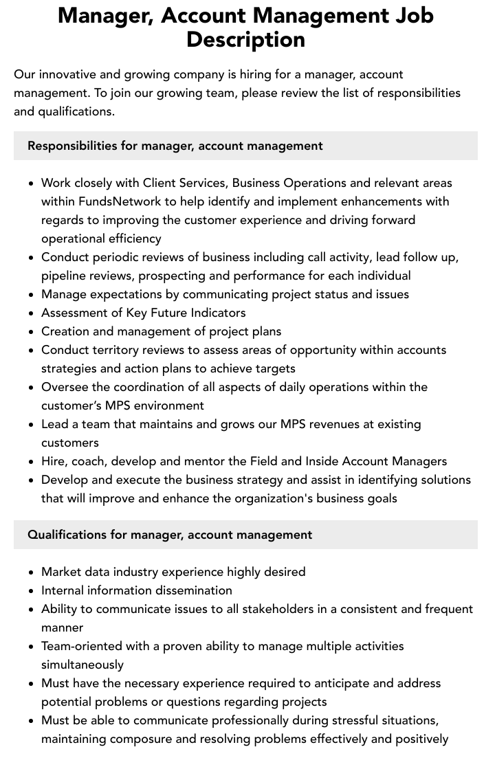Manager Account Management Job Description Velvet Jobs