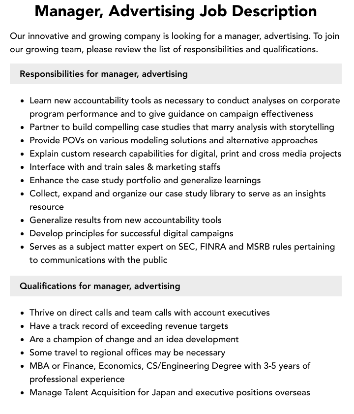 Manager Advertising Job Description Velvet Jobs