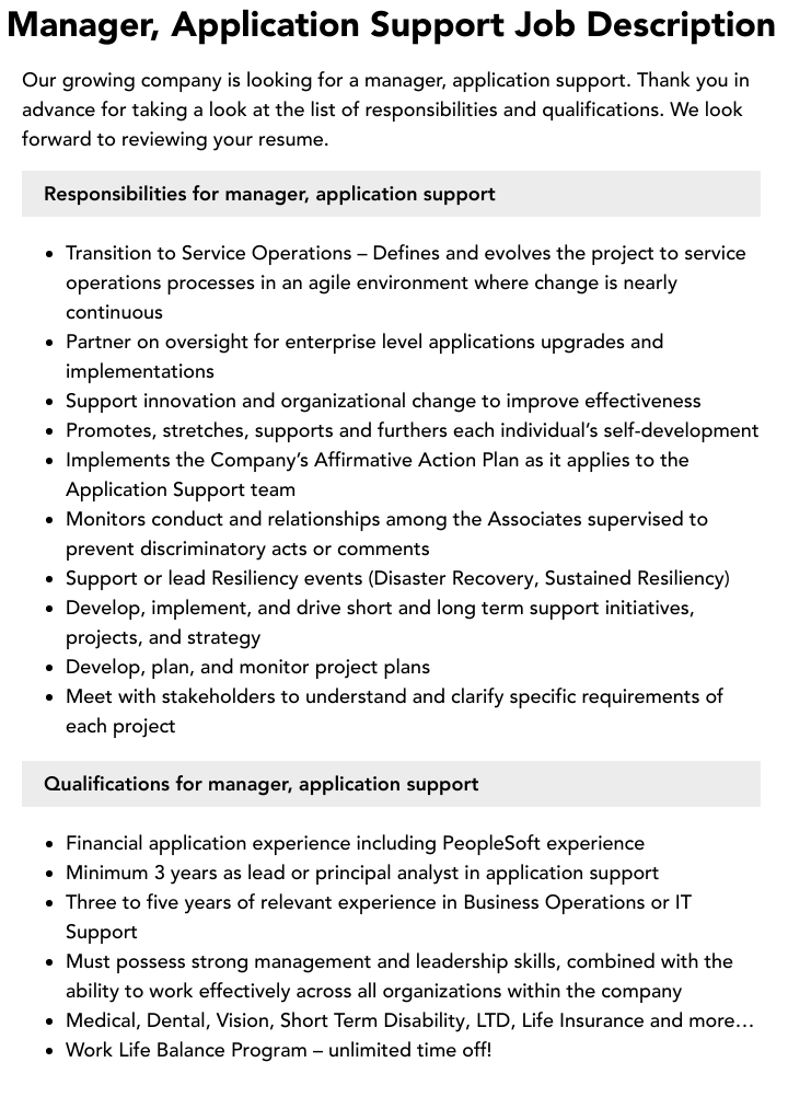 Manager Application Support Job Description Velvet Jobs