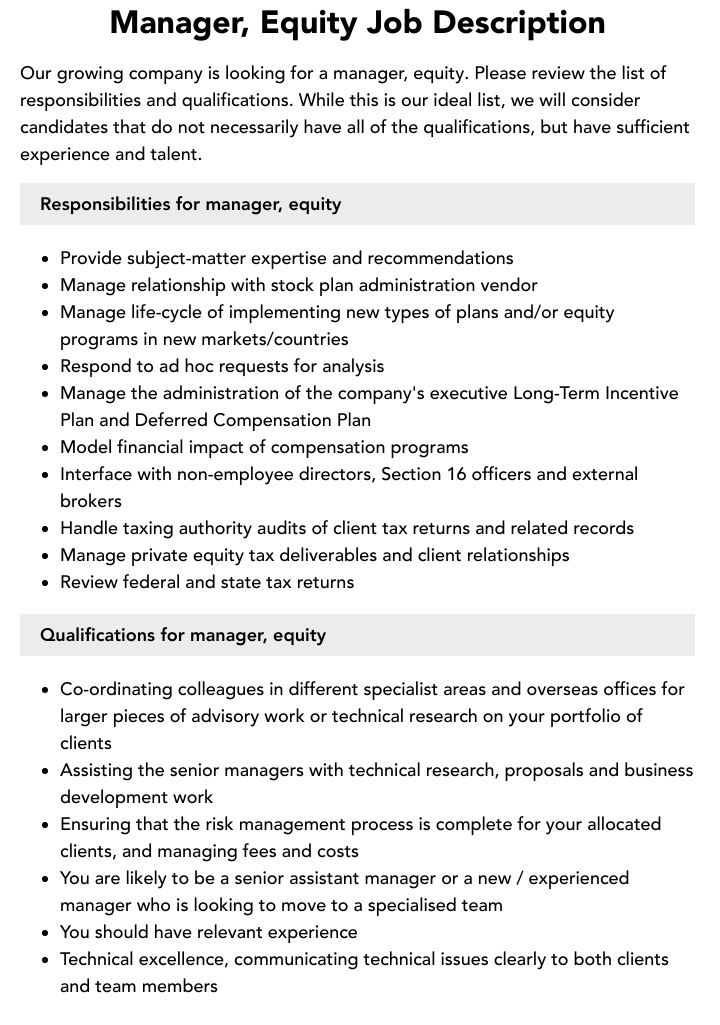Manager Equity Job Description Velvet Jobs Manager Equity Job Description Velvet Jobs