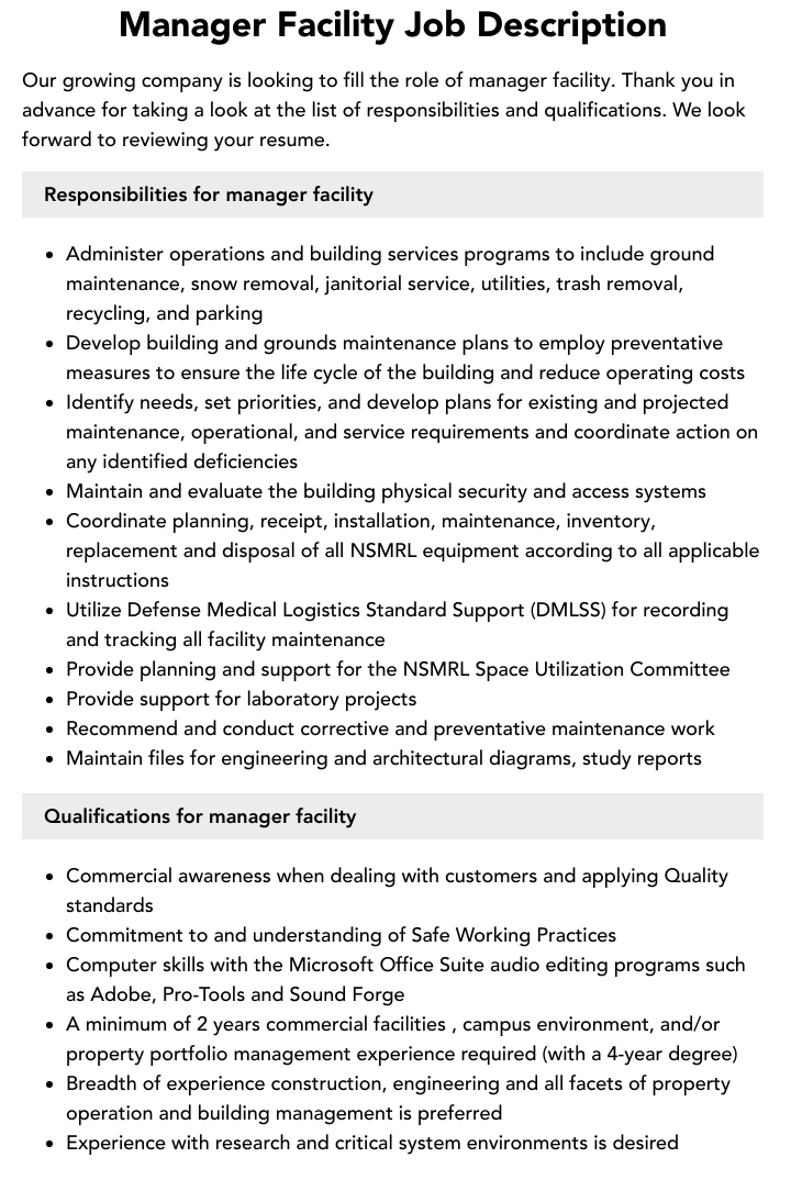 Manager Facility Job Description Velvet Jobs