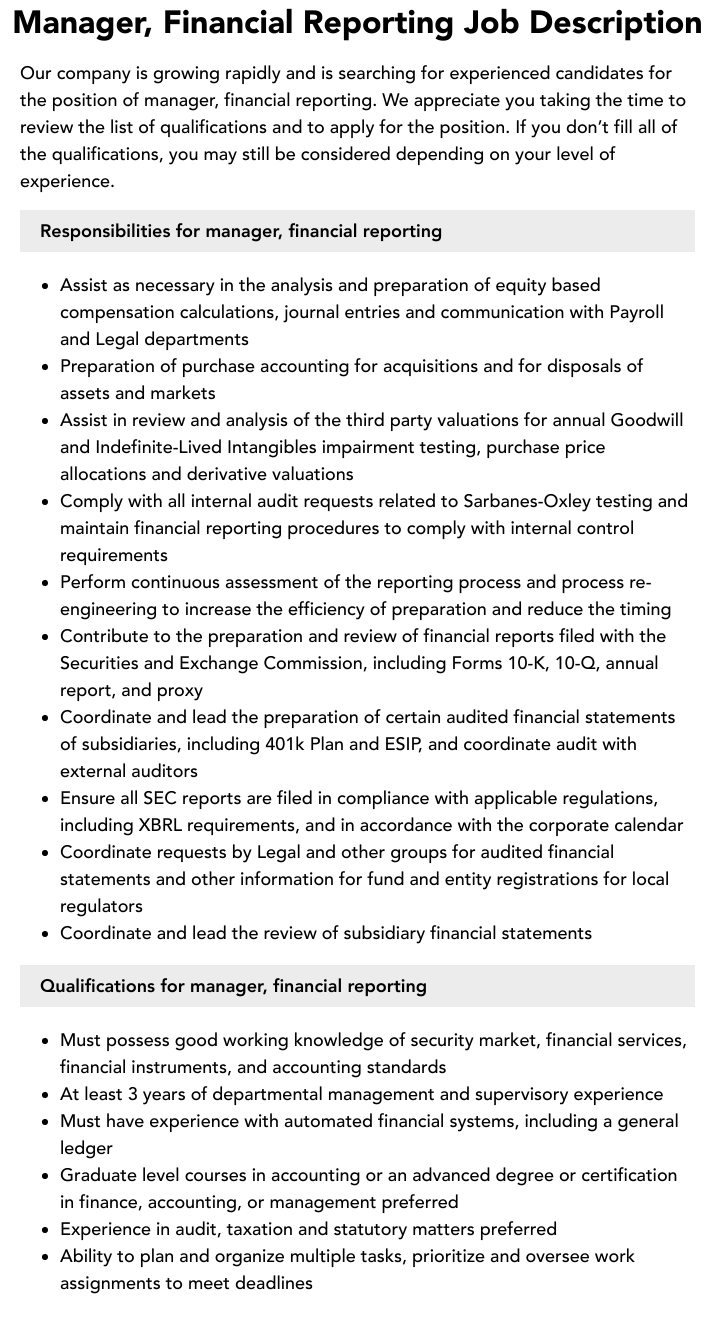 Manager Financial Reporting Job Description Velvet Jobs Manager Financial Reporting Job Description Velvet Jobs