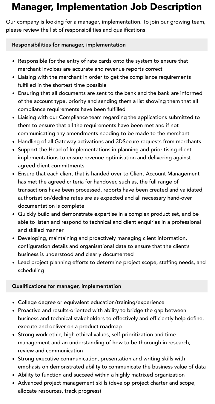 Manager Implementation Job Description Velvet Jobs