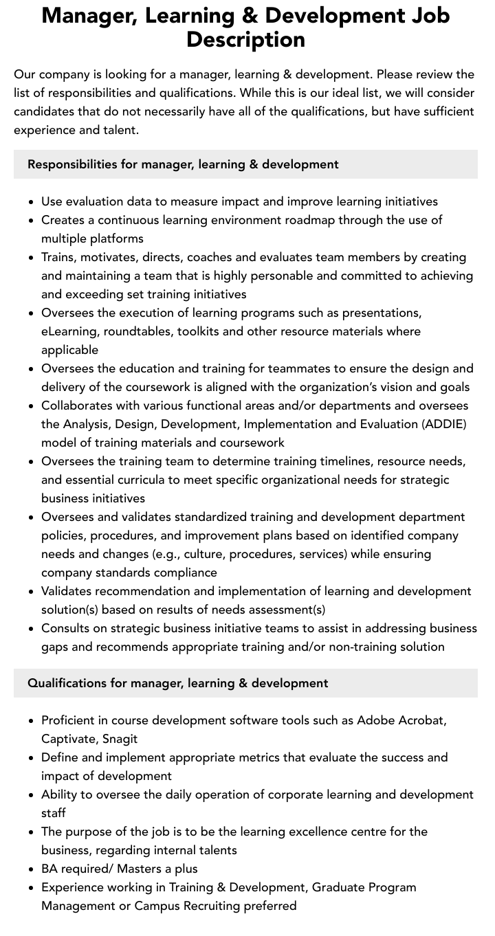 Manager Learning Development Job Description Velvet Jobs