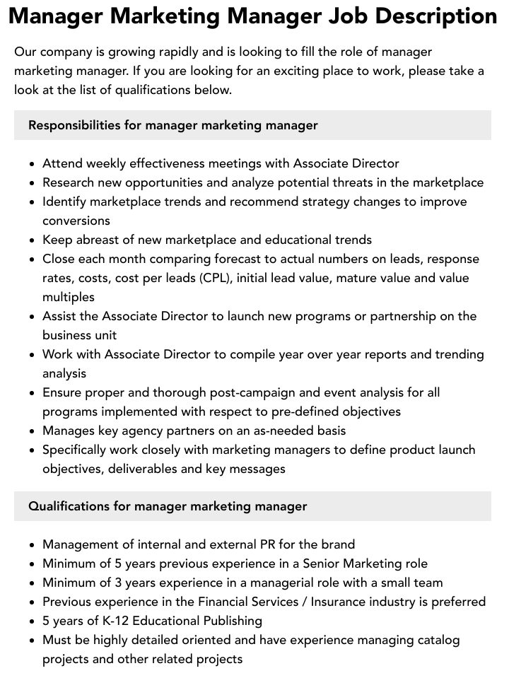 Manager Marketing Manager Job Description Velvet Jobs