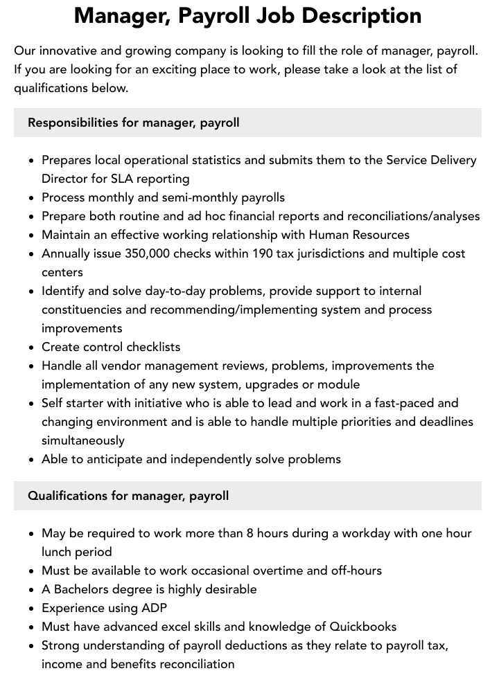 Manager Payroll Job Description Velvet Jobs Manager Payroll Job Description Velvet Jobs