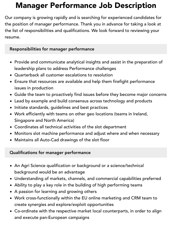 Manager Performance Job Description Velvet Jobs