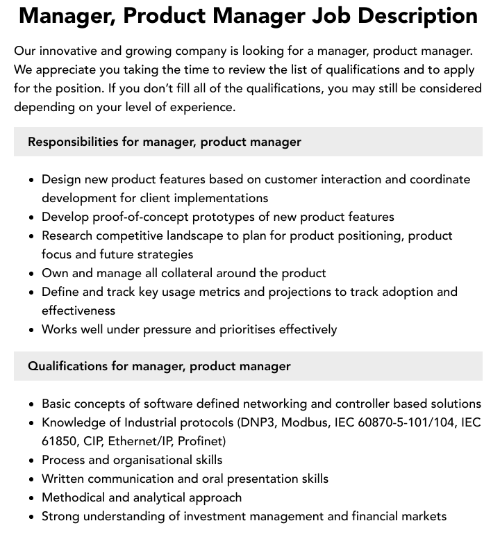 Manager Product Manager Job Description Velvet Jobs