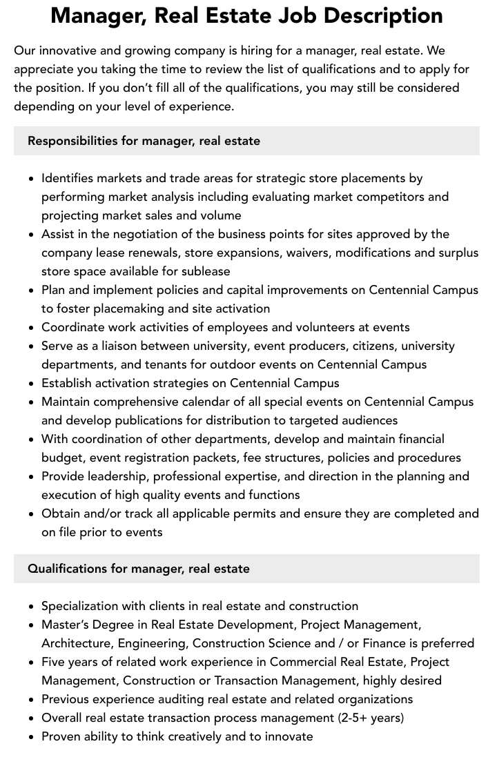 Manager Real Estate Job Description Velvet Jobs