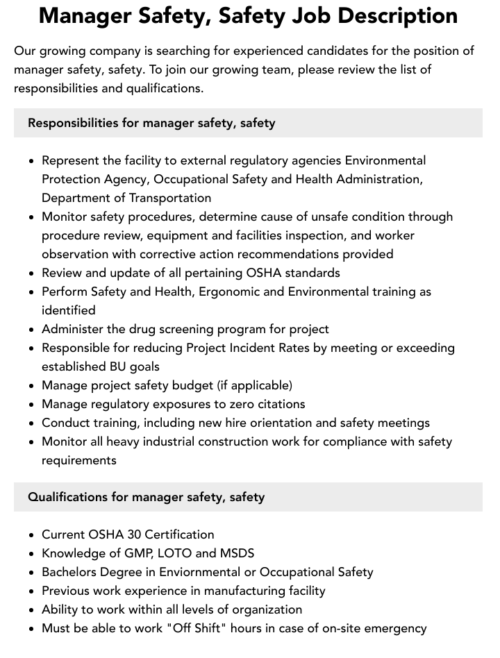 Manager Safety Safety Job Description Velvet Jobs Manager Safety Safety Job Description Velvet Jobs