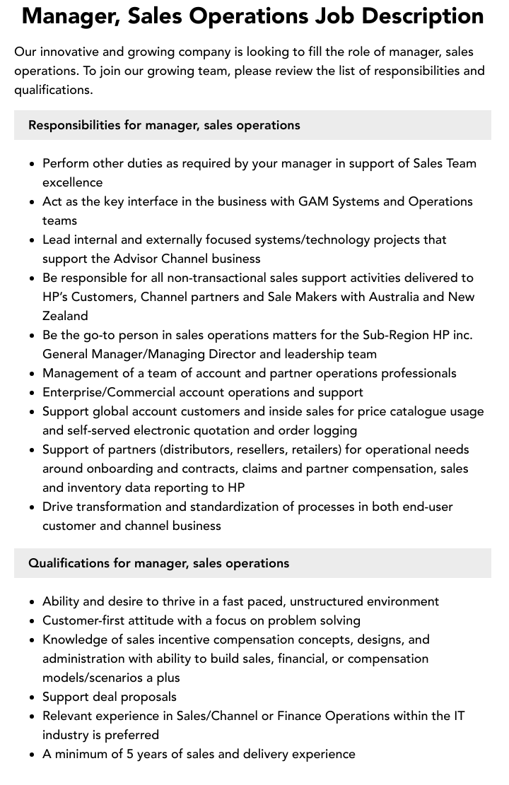 Manager Sales Operations Job Description Velvet Jobs