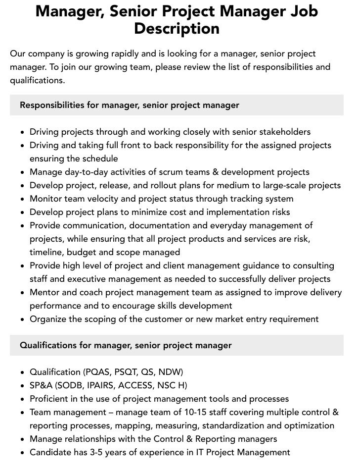 Manager Senior Project Manager Job Description Velvet Jobs