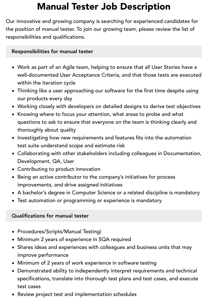 Manual Tester Job Description Velvet Jobs