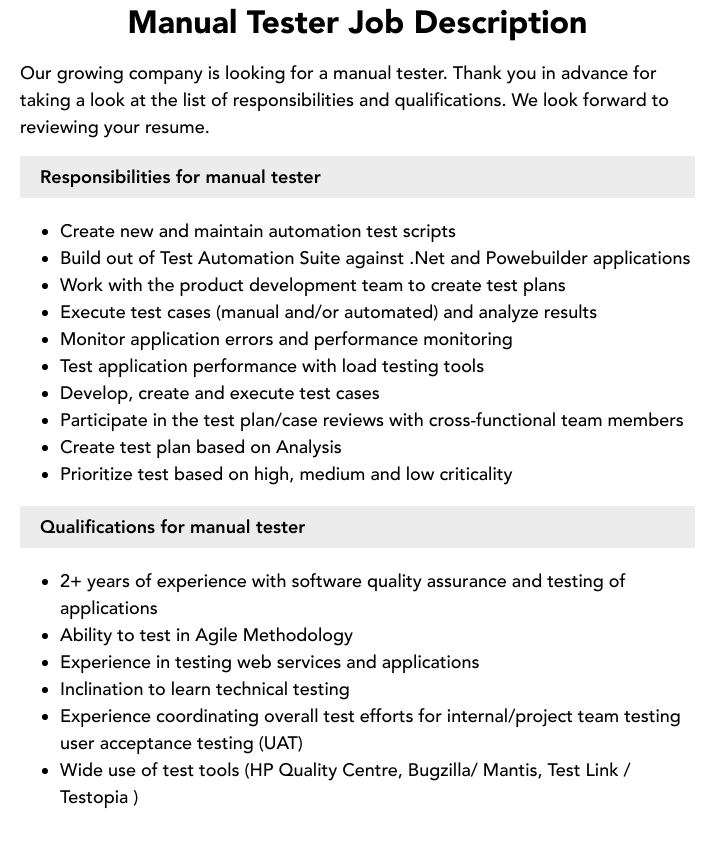 Manual Tester Job Description Velvet Jobs