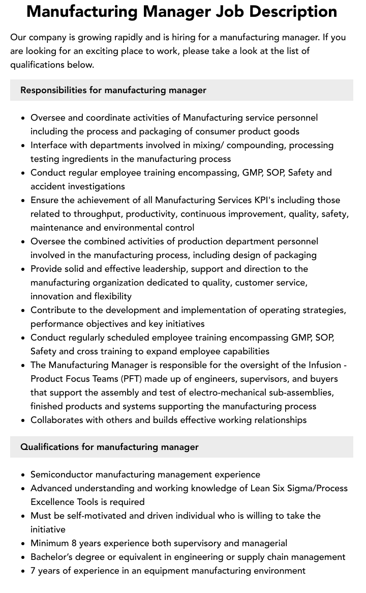 Manufacturing Manager Job Description Velvet Jobs