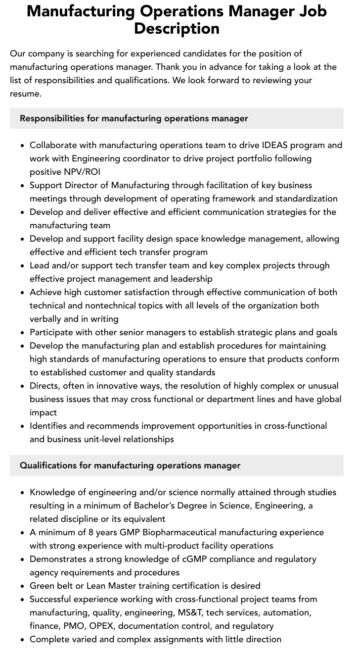 Manufacturing Operations Manager Job Description Velvet Jobs