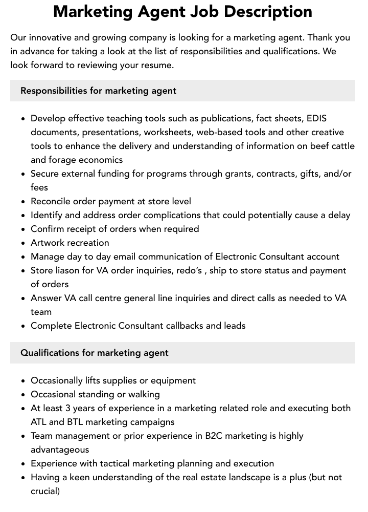 Marketing Agent Job Description Velvet Jobs