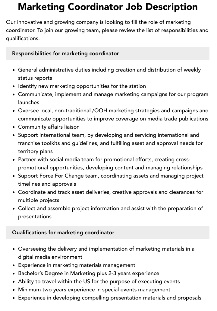 Marketing Coordinator Job Description Velvet Jobs