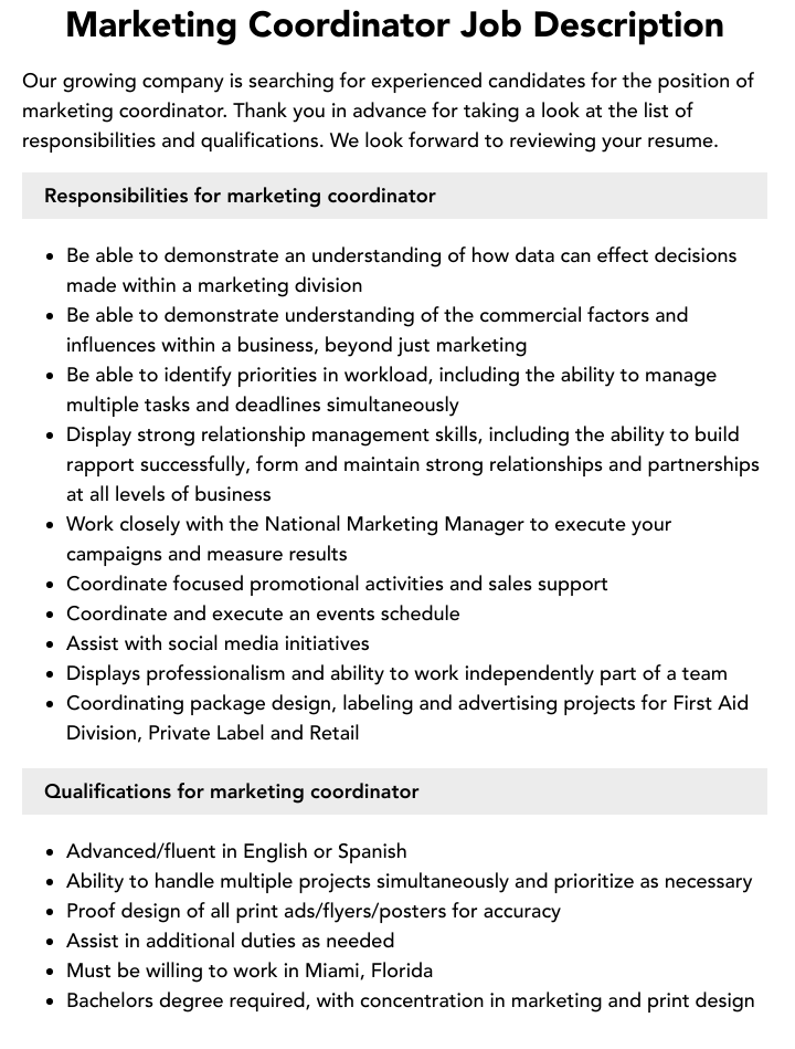 Marketing Coordinator Job Description Velvet Jobs
