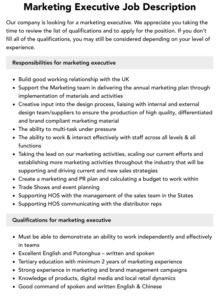 Marketing Executive Job Description Velvet Jobs