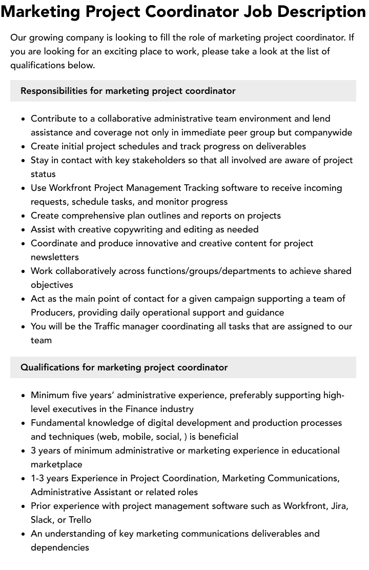 Marketing Project Coordinator Job Description Velvet Jobs